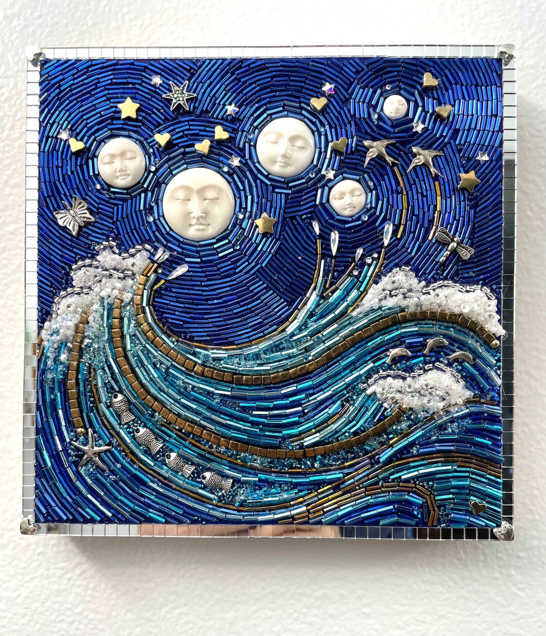 Moon Beaded Mosaic Wall Art, Ocean Mixed Media Art, Blue Gold Coastal ...