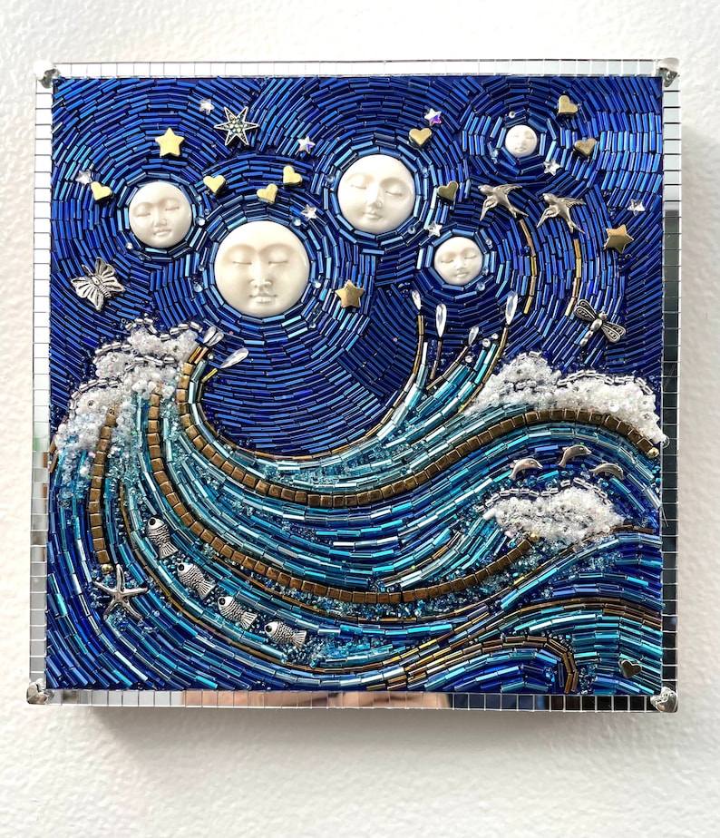 If the Moon Had Friends Beaded Mosaic Wall Art Ocean Themed Mixed Media ...