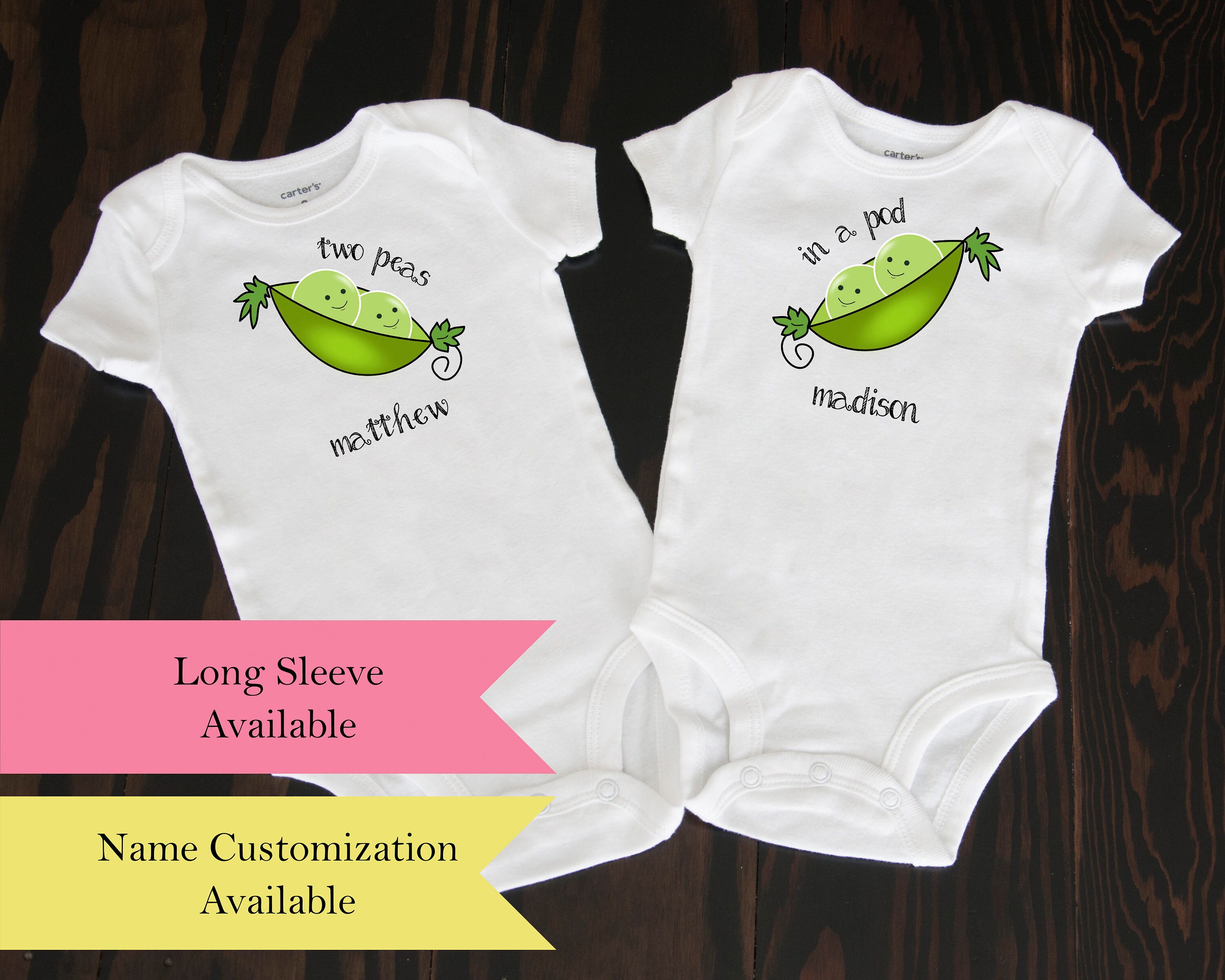 Two Peas in a Pod Custom Name Twin Clothing Baby Bodysuits Set of 2 ...
