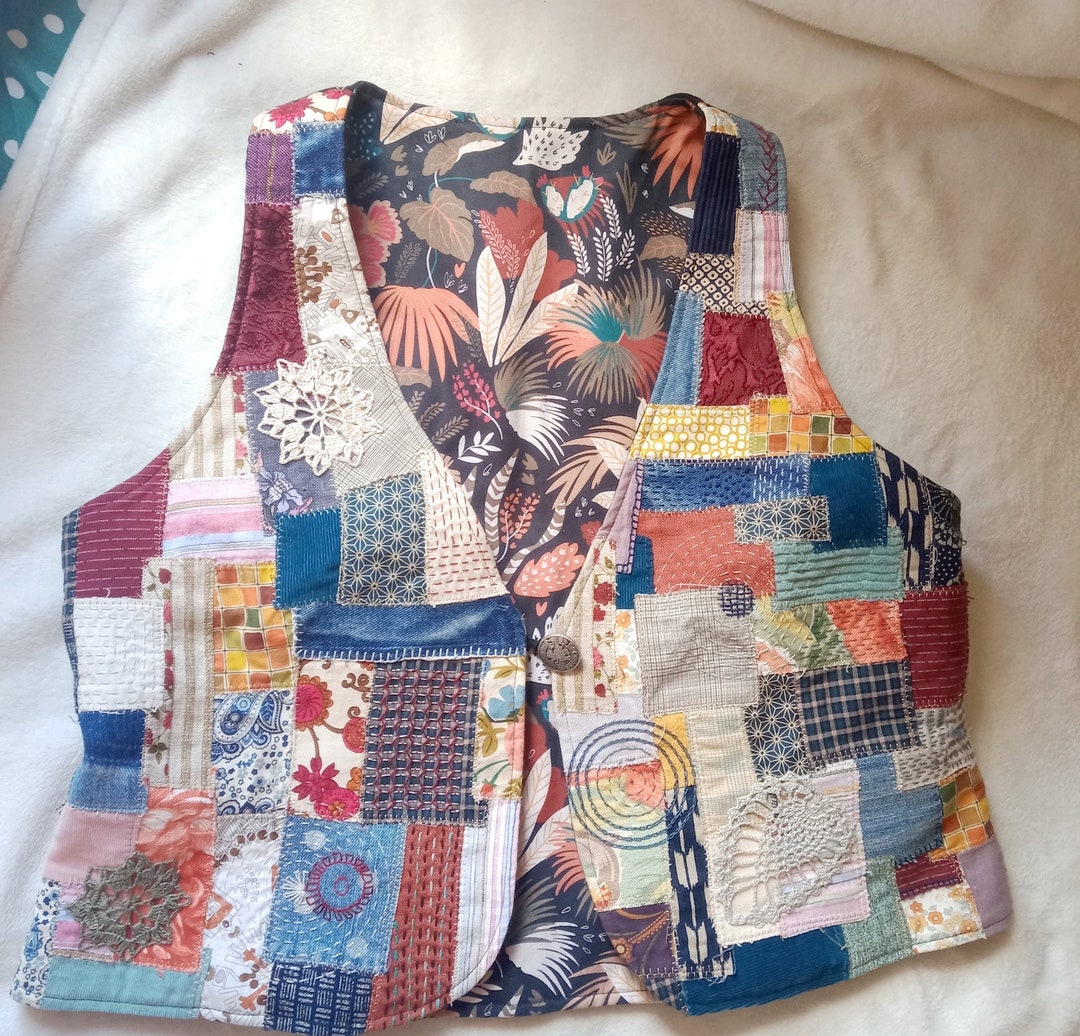 Women's Vest, Boro Patchwork Vest, Reversible Vest, Sashiko Slow Stitch ...
