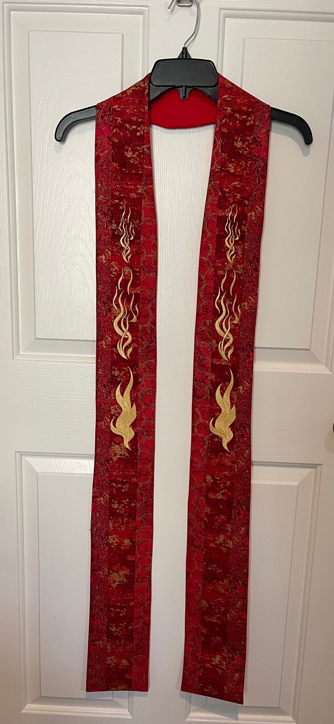Red Clergy Stole With Embroidered Gold Burning Flames, Vertical Fabric ...
