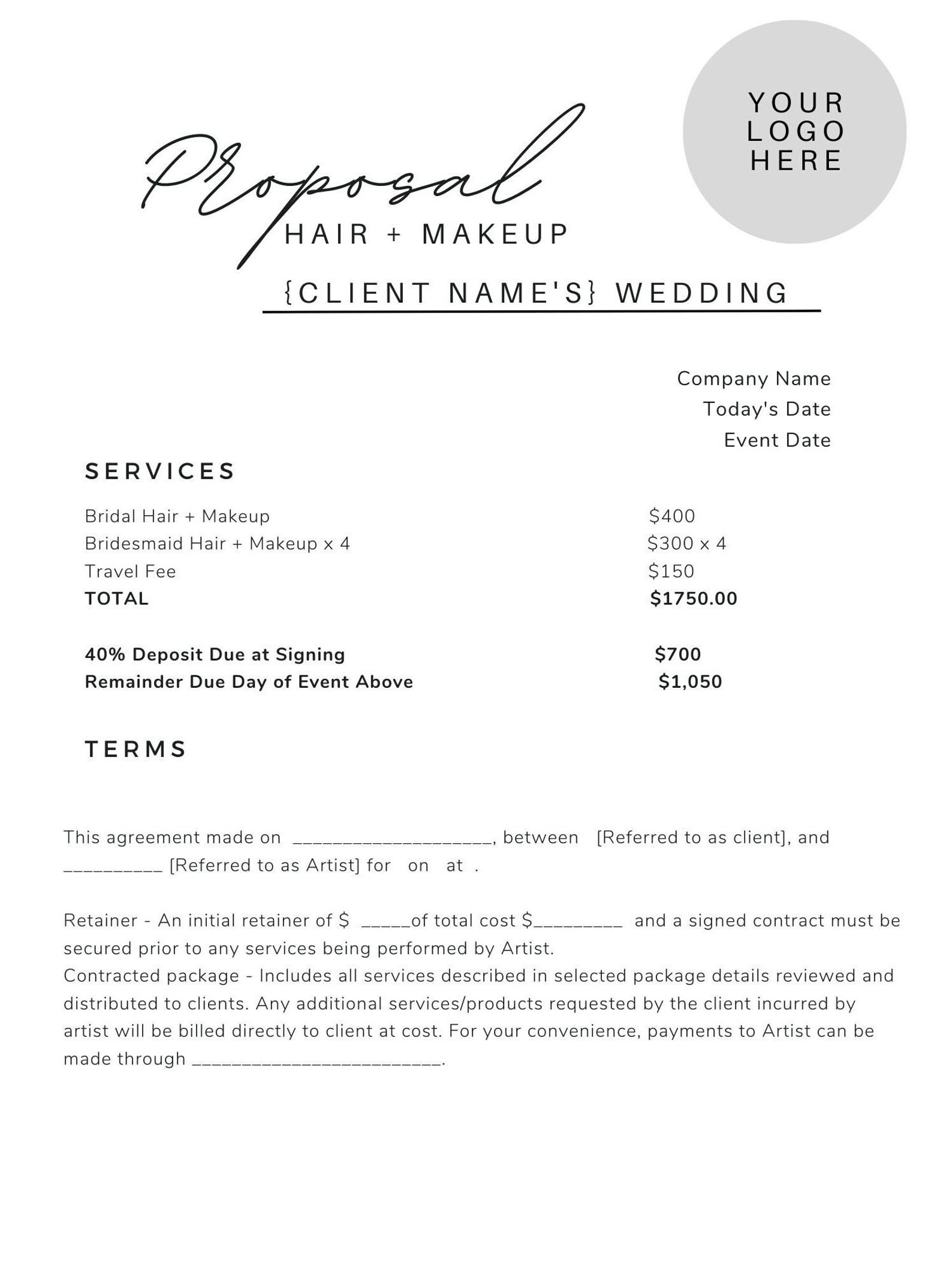 Minimalist Bridal Hair & Makeup Proposal Contract - Etsy