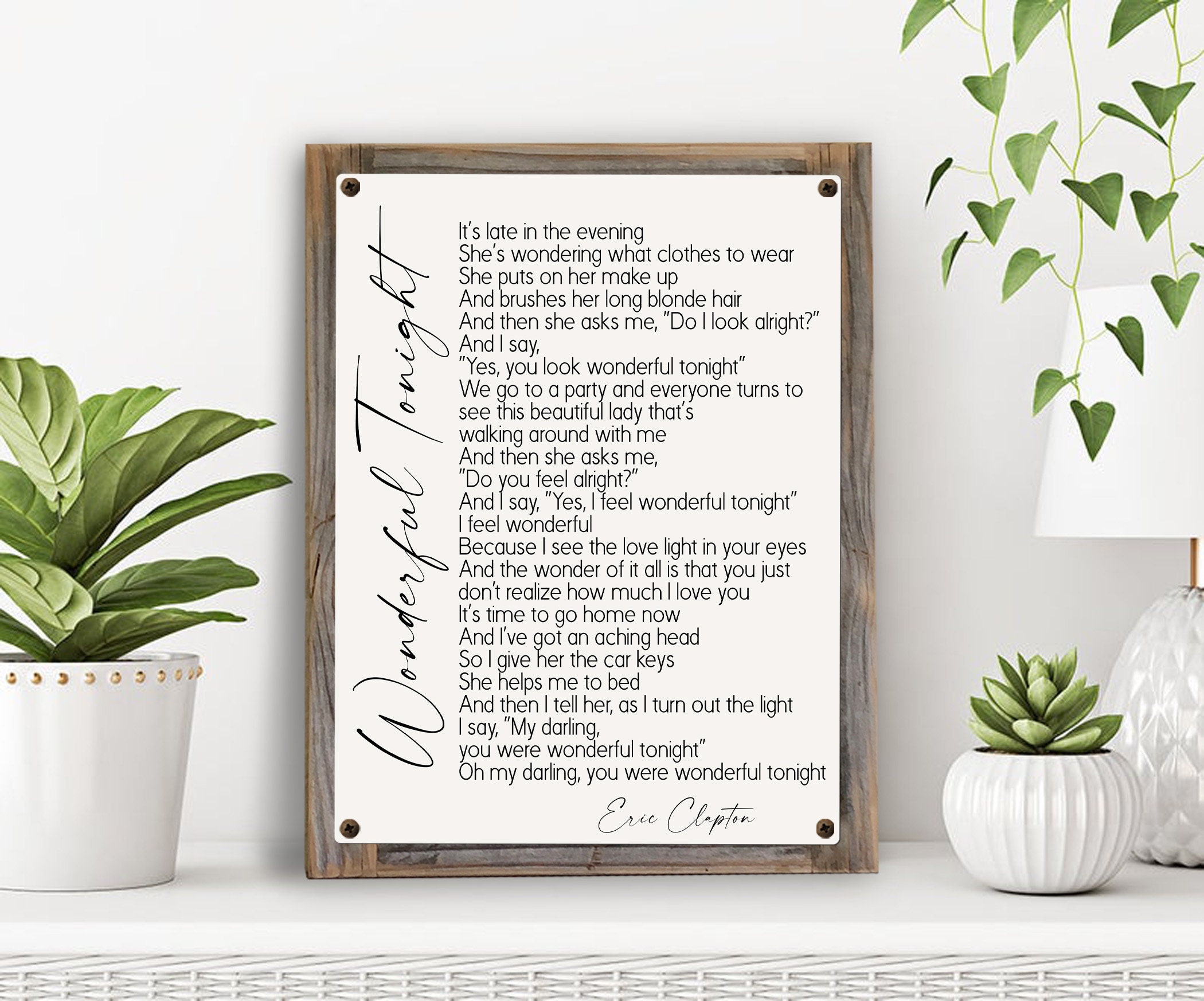 Wonderful Tonight Song Lyrics on Metal Print on Reclaimed Wooden Frame ...