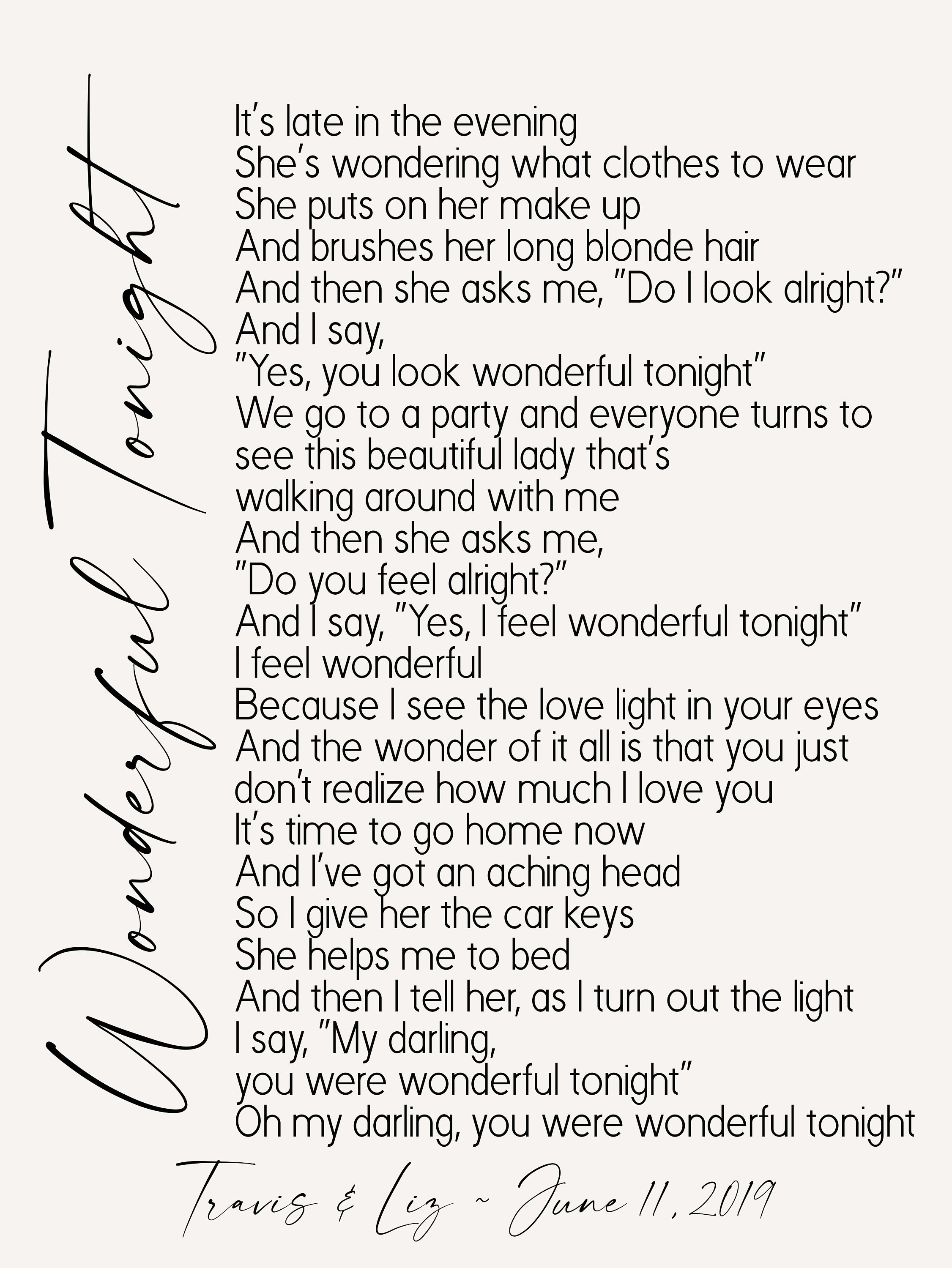 Wonderful Tonight Song Lyrics on Metal Print on Reclaimed Wooden Frame ...