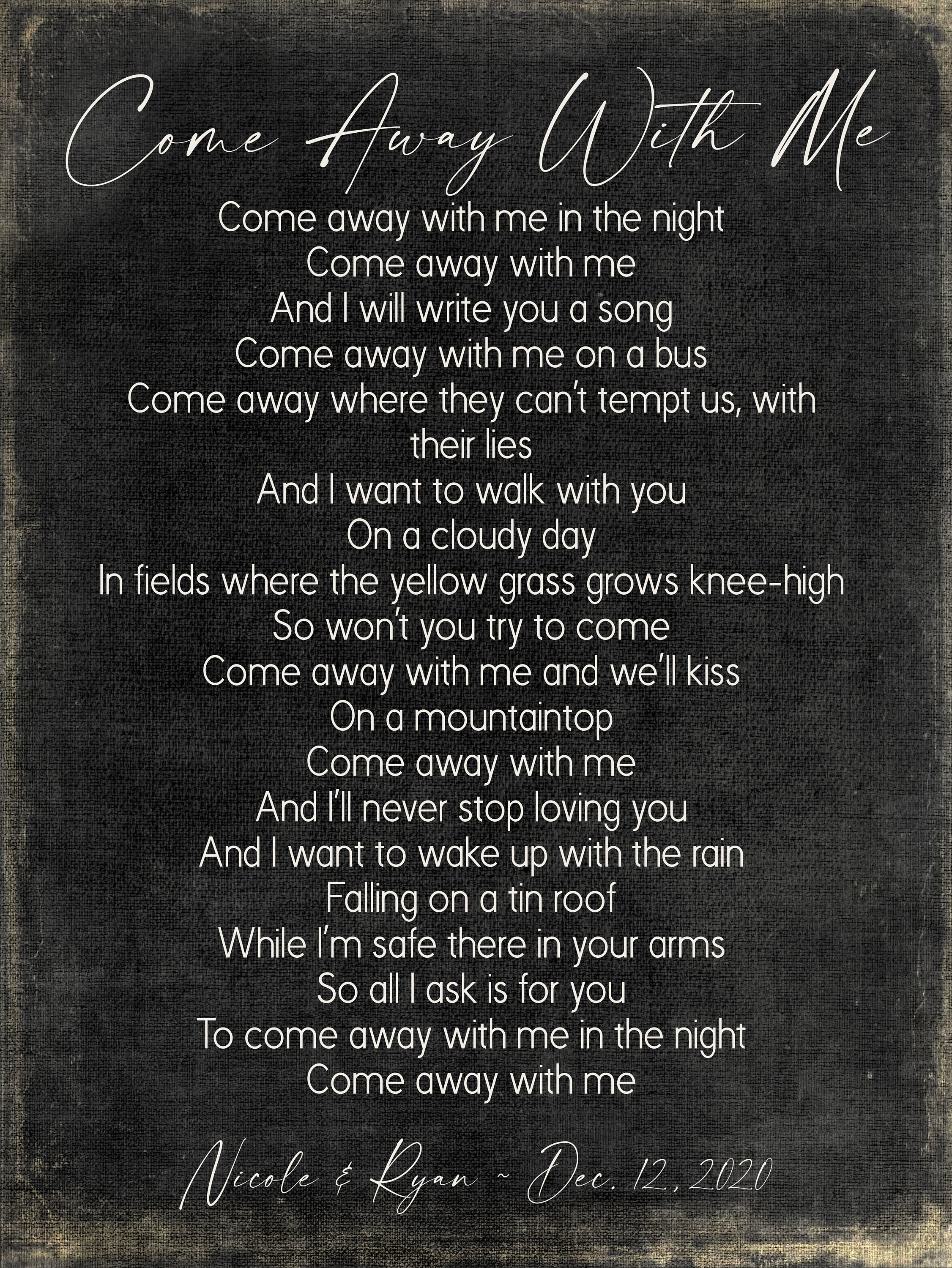 Come Away With Me Lyrics on Metal Print on Reclaimed Wood | Etsy