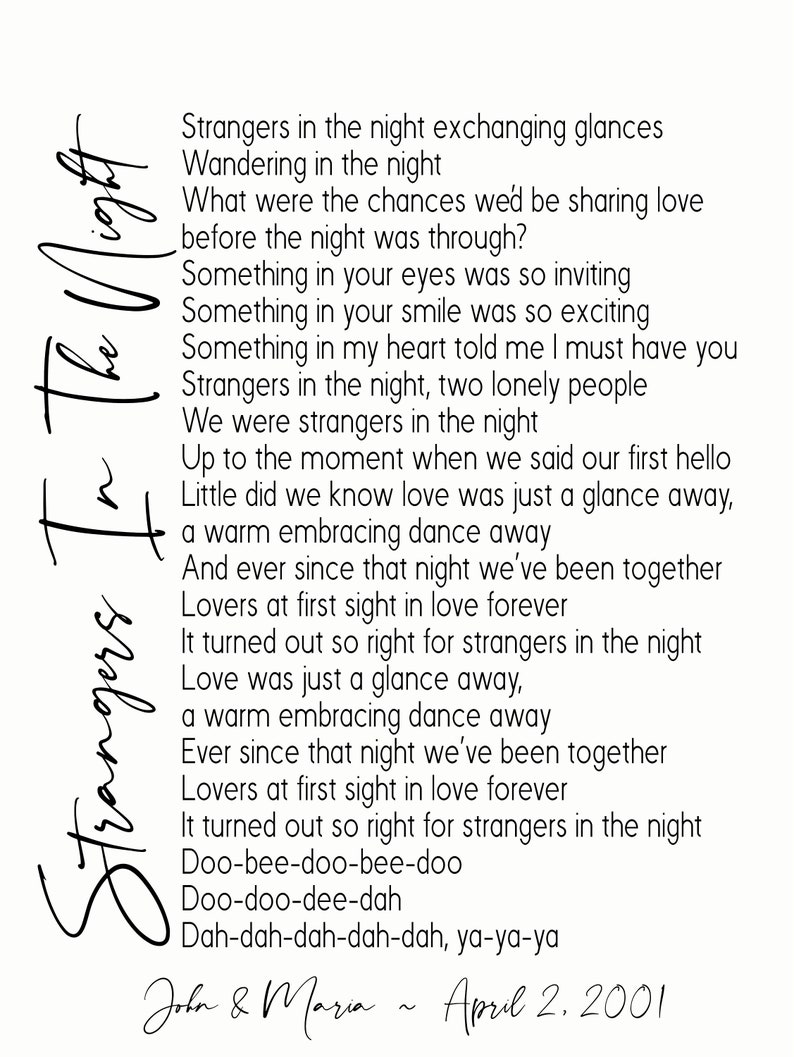 Strangers in the Night Song Lyrics Metal Print on Reclaimed Wood Frame ...