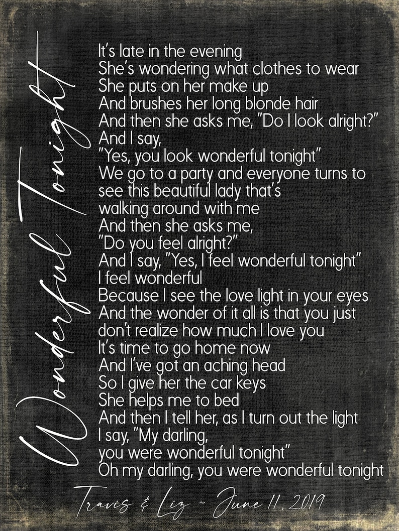 Wonderful Tonight Song Lyrics on Metal Print on Reclaimed Wooden Frame ...