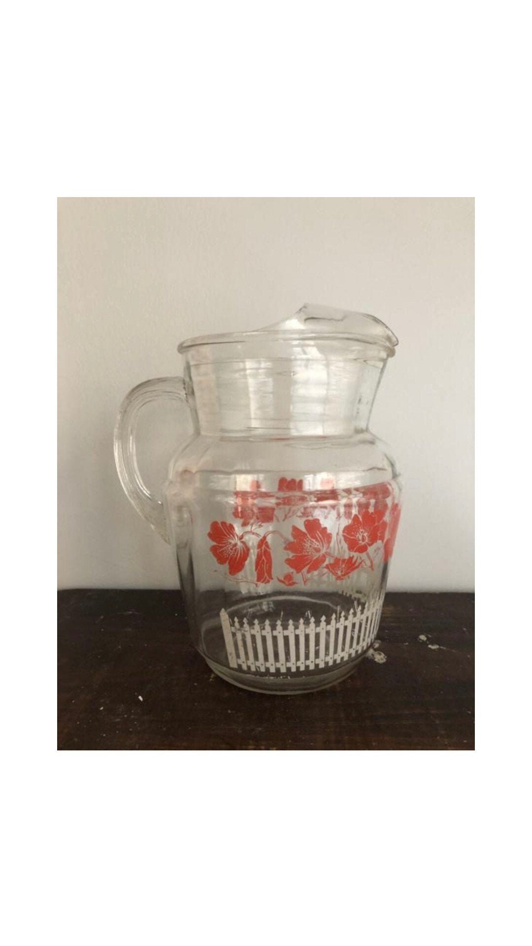 Vintage Anchor Hocking Pitcher, Floral and Fence Design, MCM Retro ...