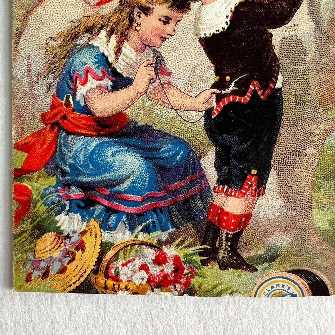 Victorian Trade Card Clarks ONT Spool Cotton Blonde Girl Sewing Jacket ...