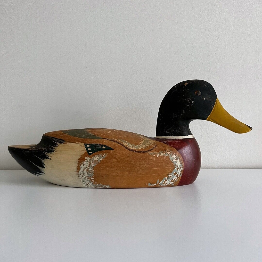 Vintage Hand Painted Wooden Duck Decoy Mallard Solid Body 14" Folk Art ...