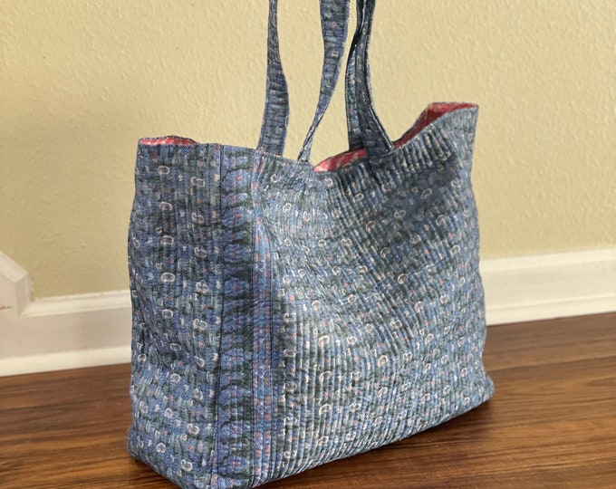 Blue Quilted Summer Beach Bag Large Tote Summer Bag Women's Shopping ...