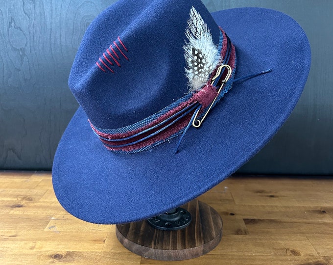 Navy Blue Felt Wool Fedora Hat With Feathers Men Women Wide Brim ...