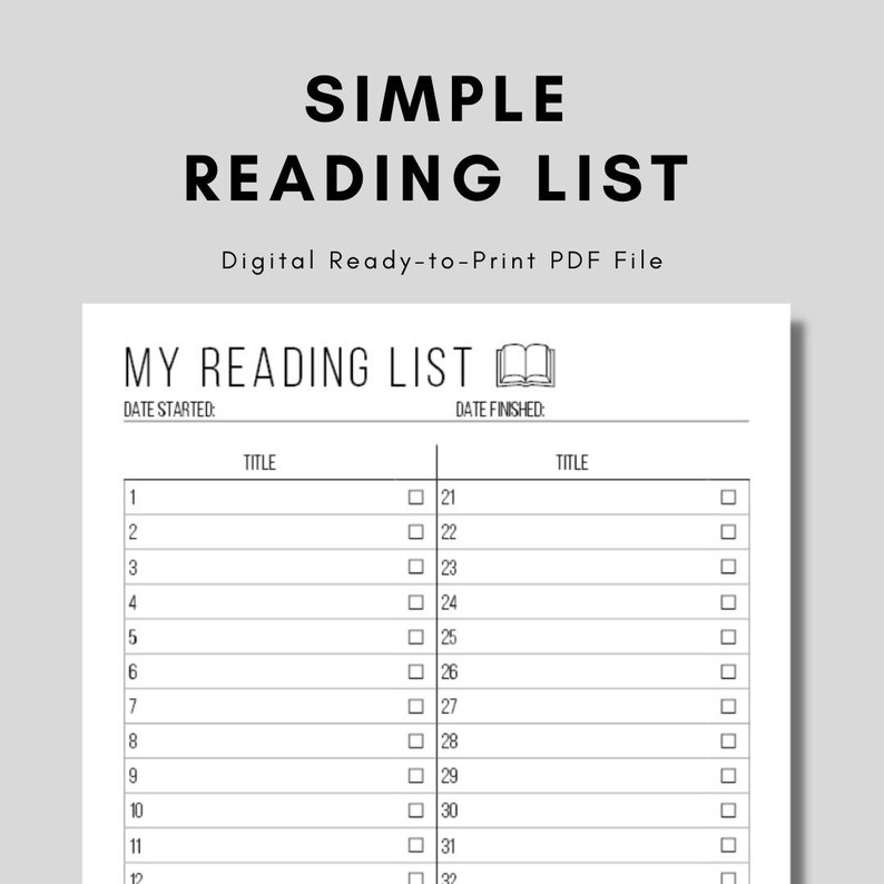 Simple Reading List Digital Download PDF - Etsy