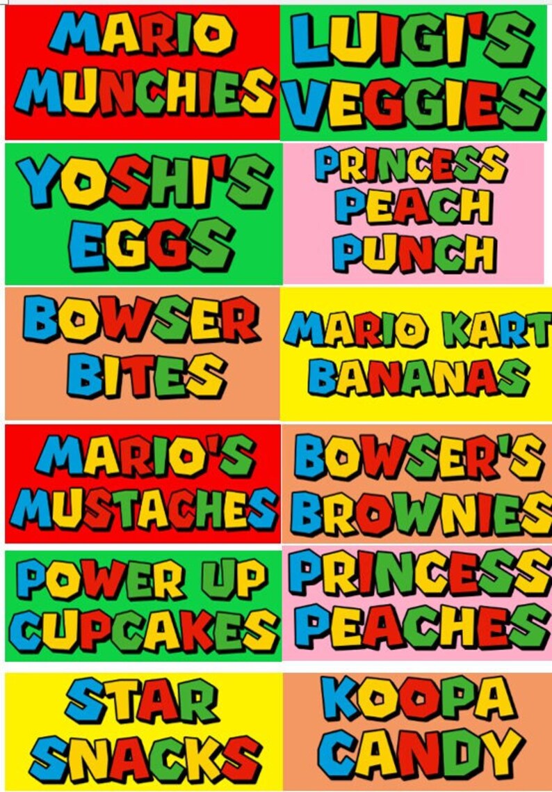 Super Mario Party Labels Part 1: 12 Food Labels DIGITAL DOWNLOAD - Etsy UK
