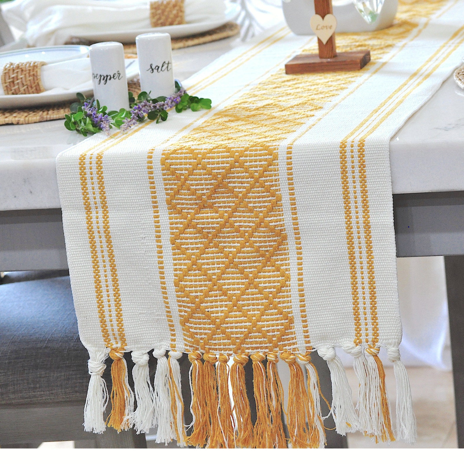 Cotton Woven Table Runner With Tassels Mustard Yellow & Cream Washable ...