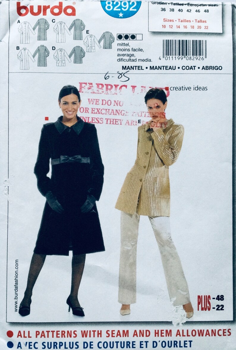 Burda 8292 Sewing Pattern Misses Coat or Jacket to Fit 10 -22 Factory ...