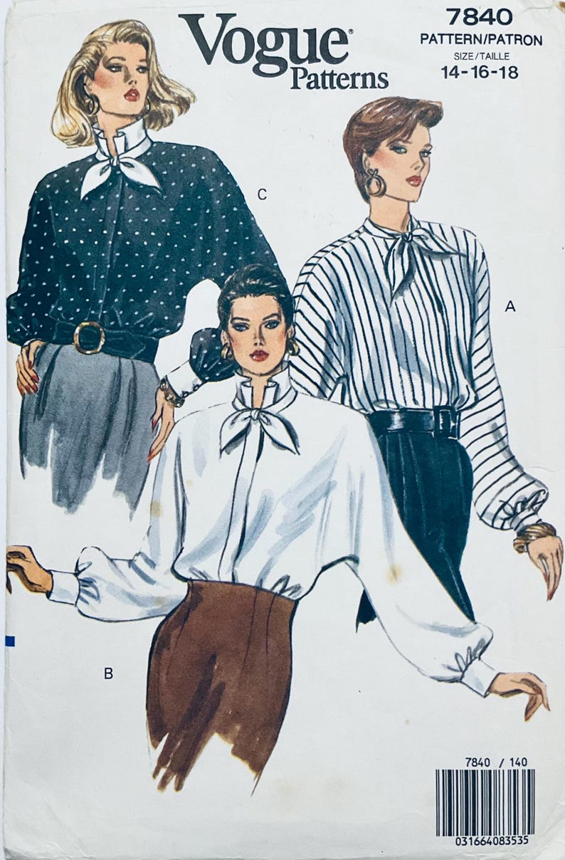 Vogue 7840 Vintage 1990 Sewing Pattern Misses' Loose-fitting Blouse 14 ...