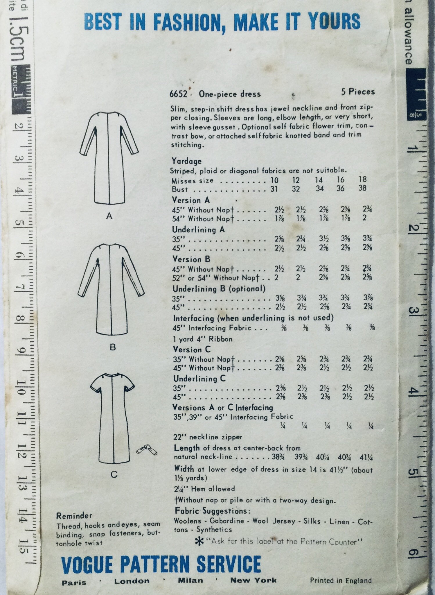 Vogue 6652 Vintage 1960s Sewing Pattern Misses Dress Size 10 Bust 31 ...
