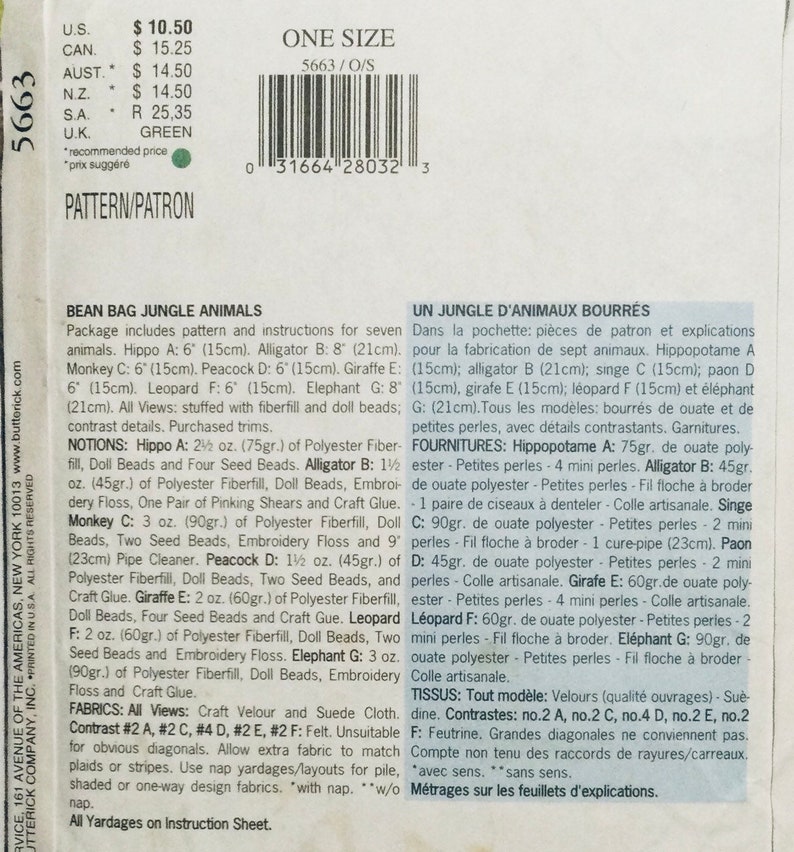 Butterick 5663 Vintage 1998 Sewing Pattern for Soft Bean Bag Jungle ...