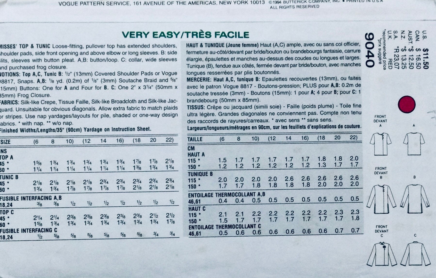 Vogue 9040 Vintage 1994 Sewing Pattern Misses' Very Easy Top and Tunic ...