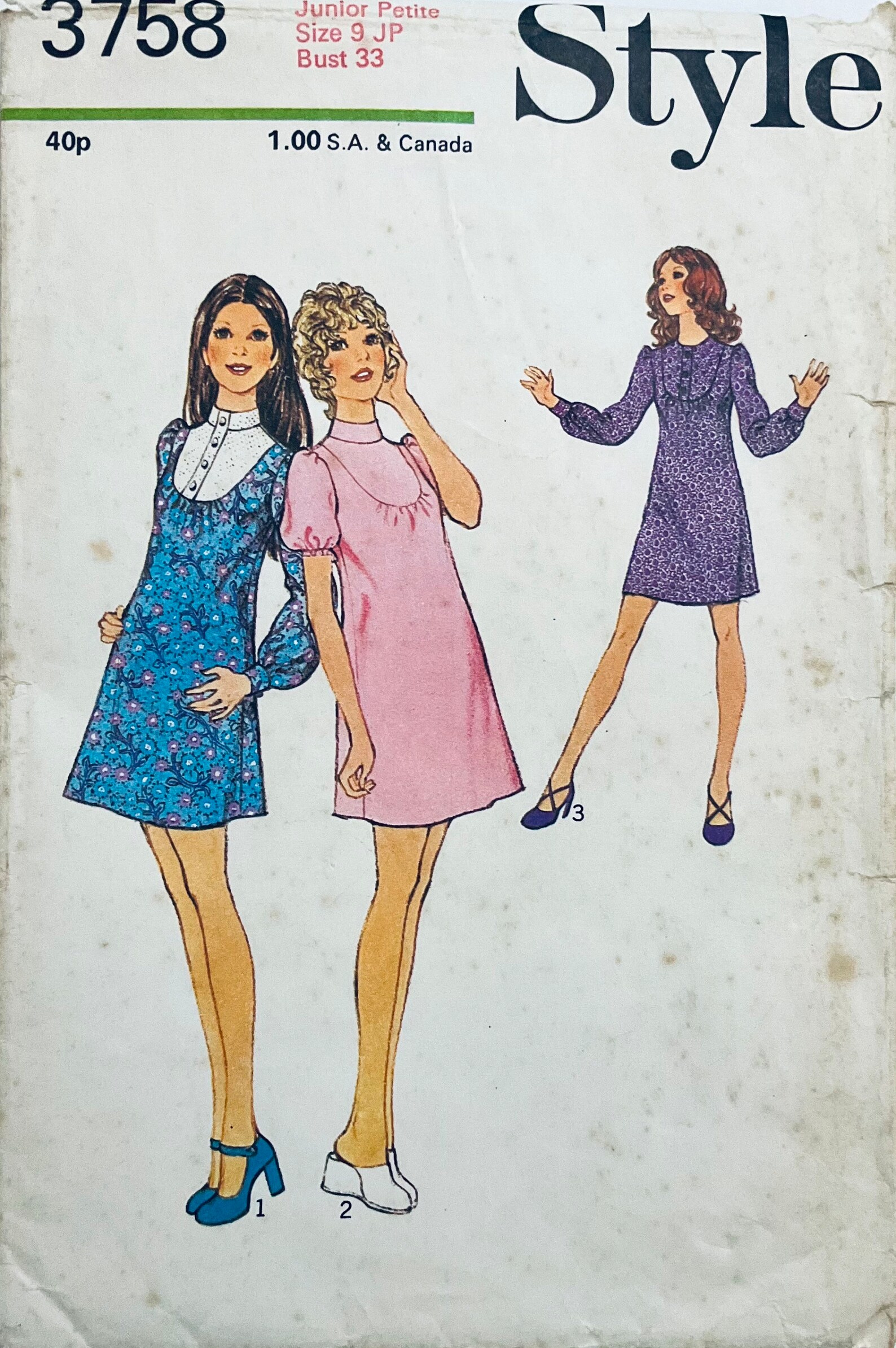 Style 3758 Vintage 1972 Sewing Pattern Dress for Junior Petite Size 9JP ...