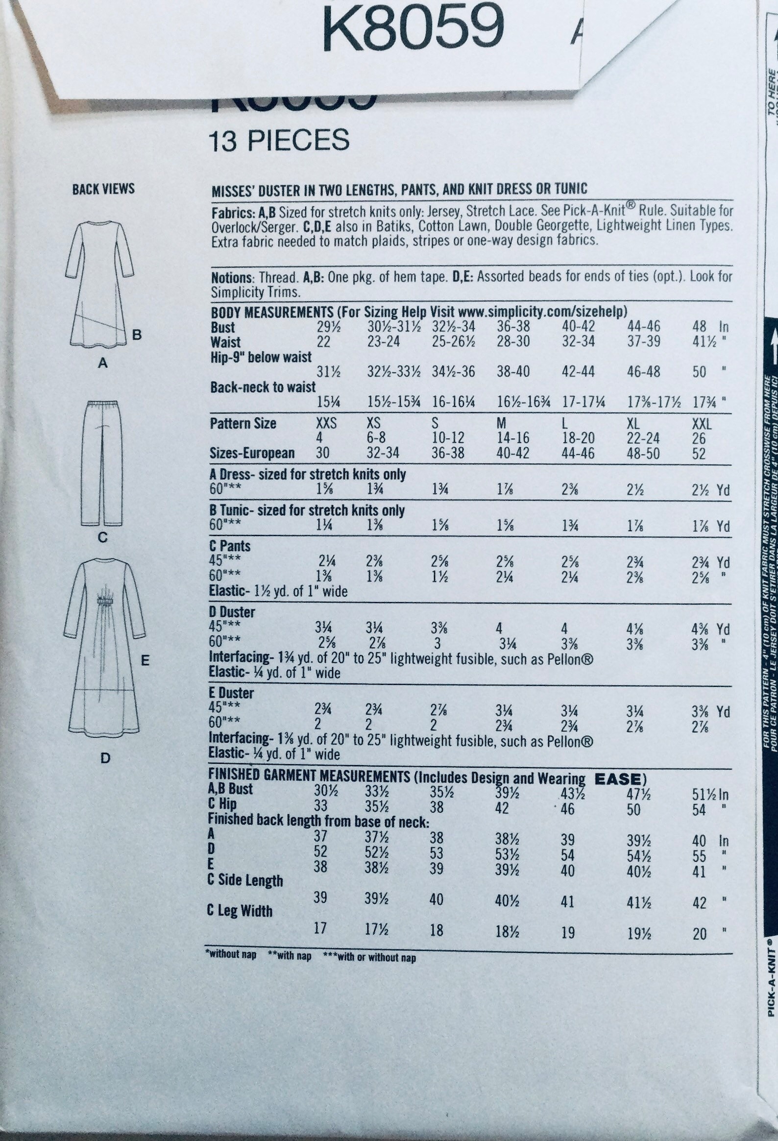 Simplicity 8059 Sewing Pattern Misses' Duster, Pants and Knit Dress or ...