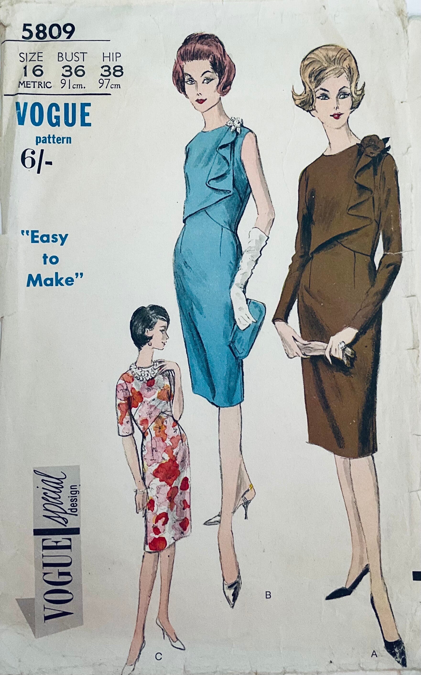 Vogue 5809 Vintage 1963 Sewing Pattern Easy to Make Dress to Fit 36 ...