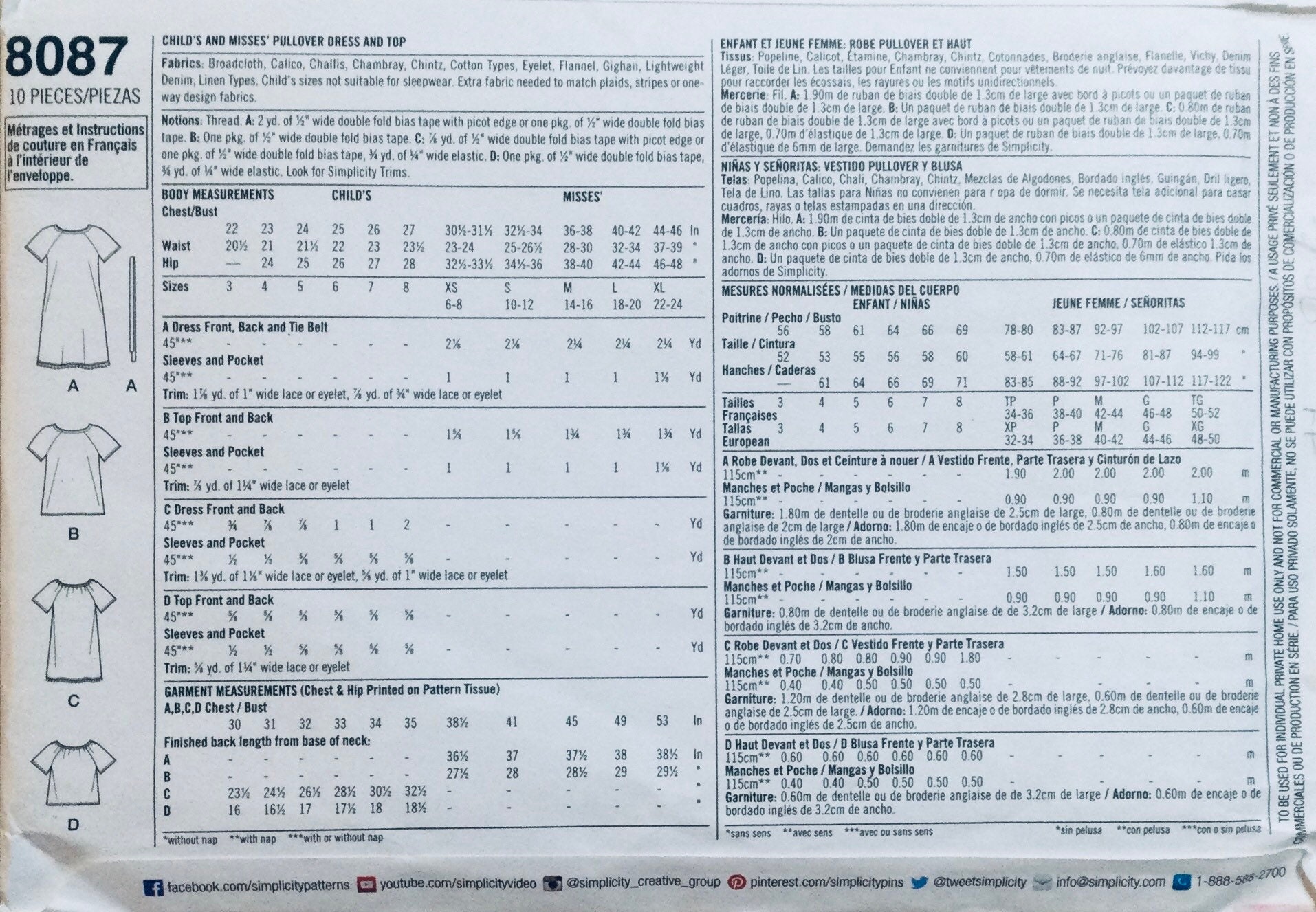 Simplicity 8087 Sewing Pattern Child's 3-8 and Misses' Xs-xl Pullover ...