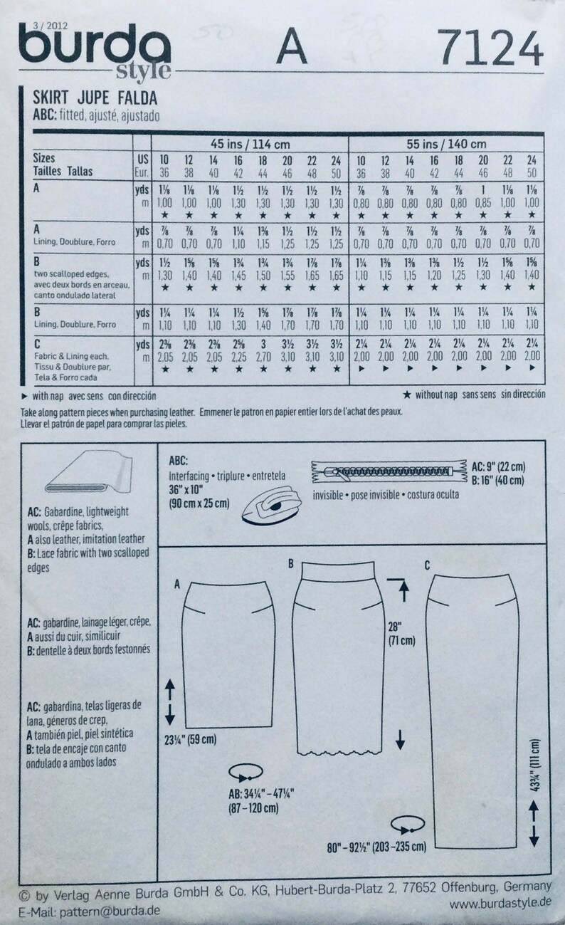 Burda 7124 Sewing Pattern Misses Fitted Skirt in Three Lengths Eur ...