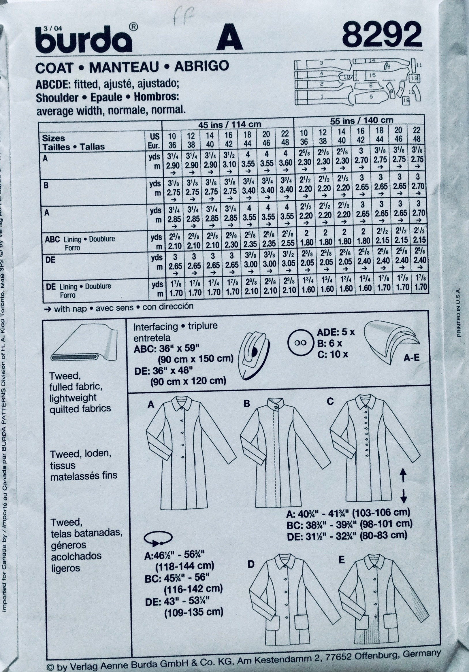 Burda 8292 Sewing Pattern Misses Coat or Jacket to Fit 10 -22 Factory ...