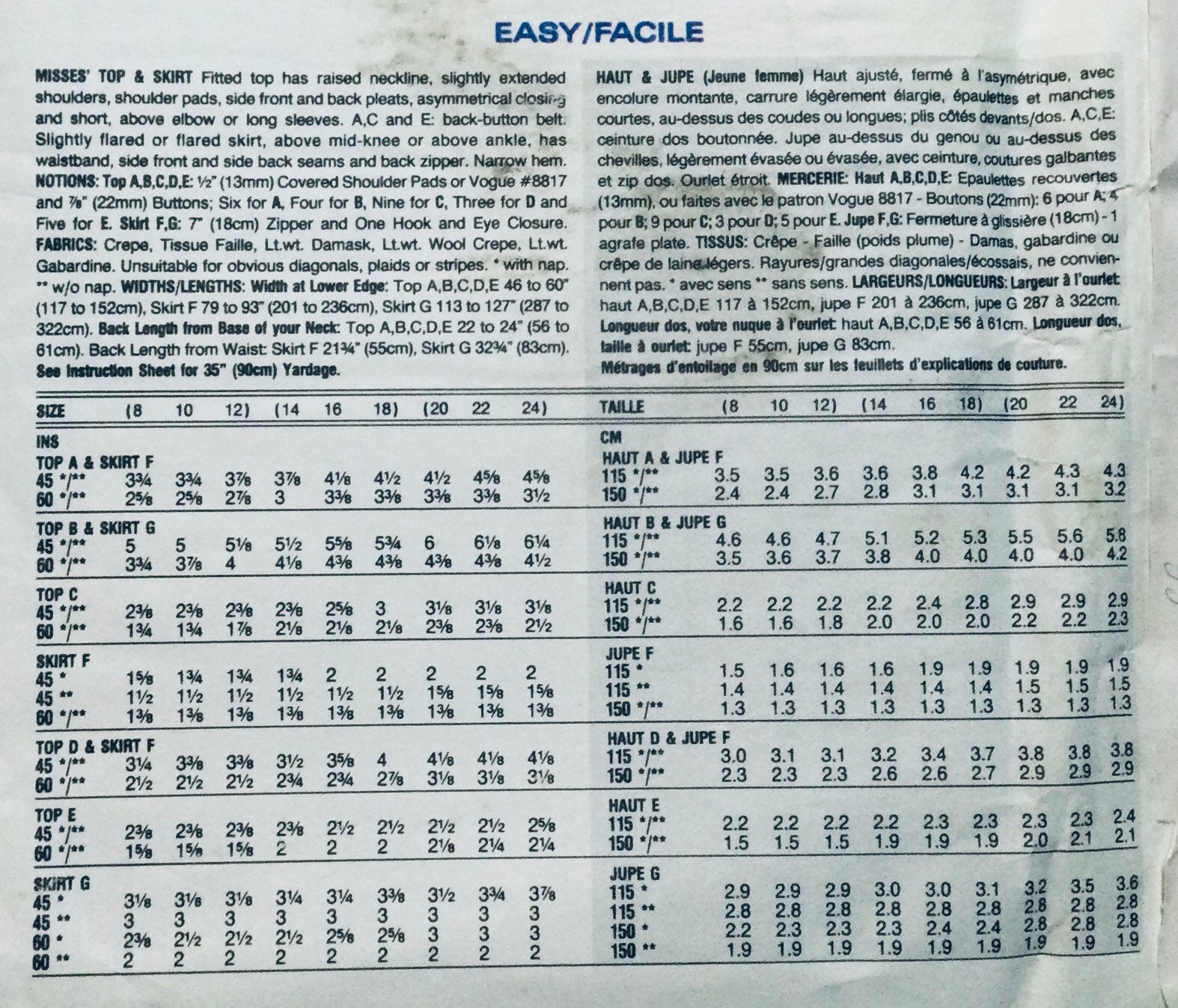 Vogue 2814 Basic Design Sewing Pattern Misses' Easy Top and Skirt 14-18 ...