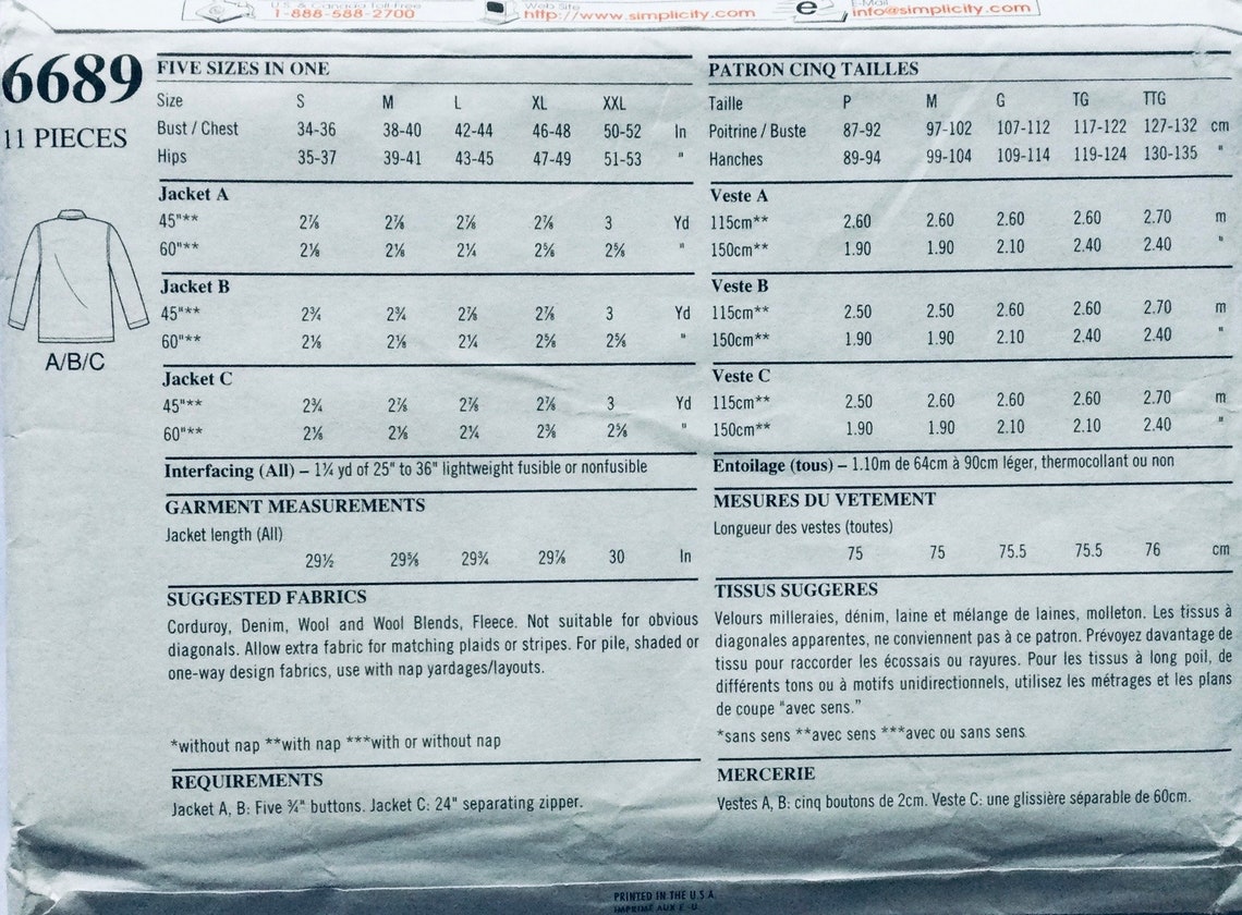 New Look 6689 Sewing Pattern for Unisex Jackets Small to Xxlarge ...