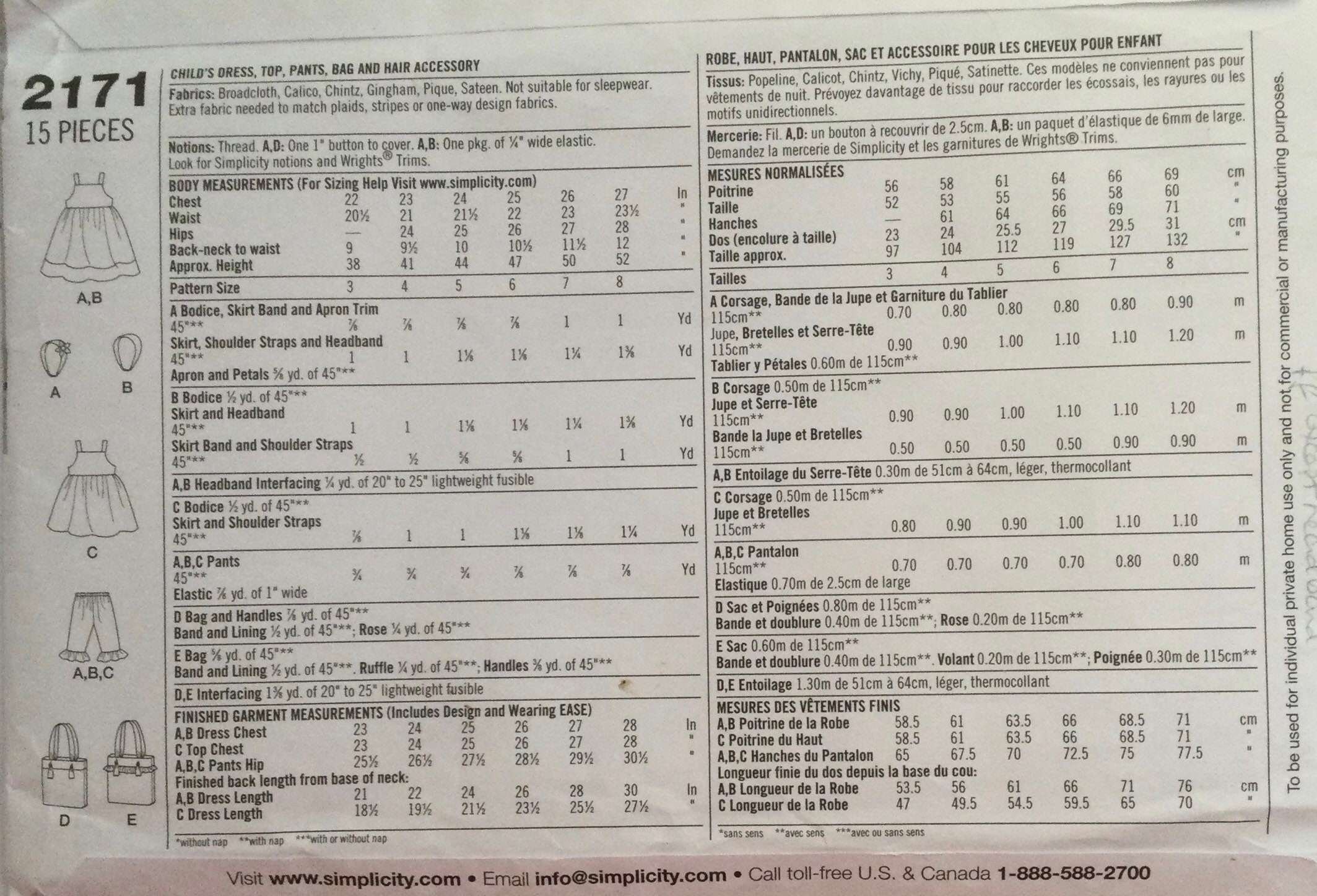 Simplicity 2171 Sewing Pattern for 3-8 Year Old Girl Dress Top Pants ...