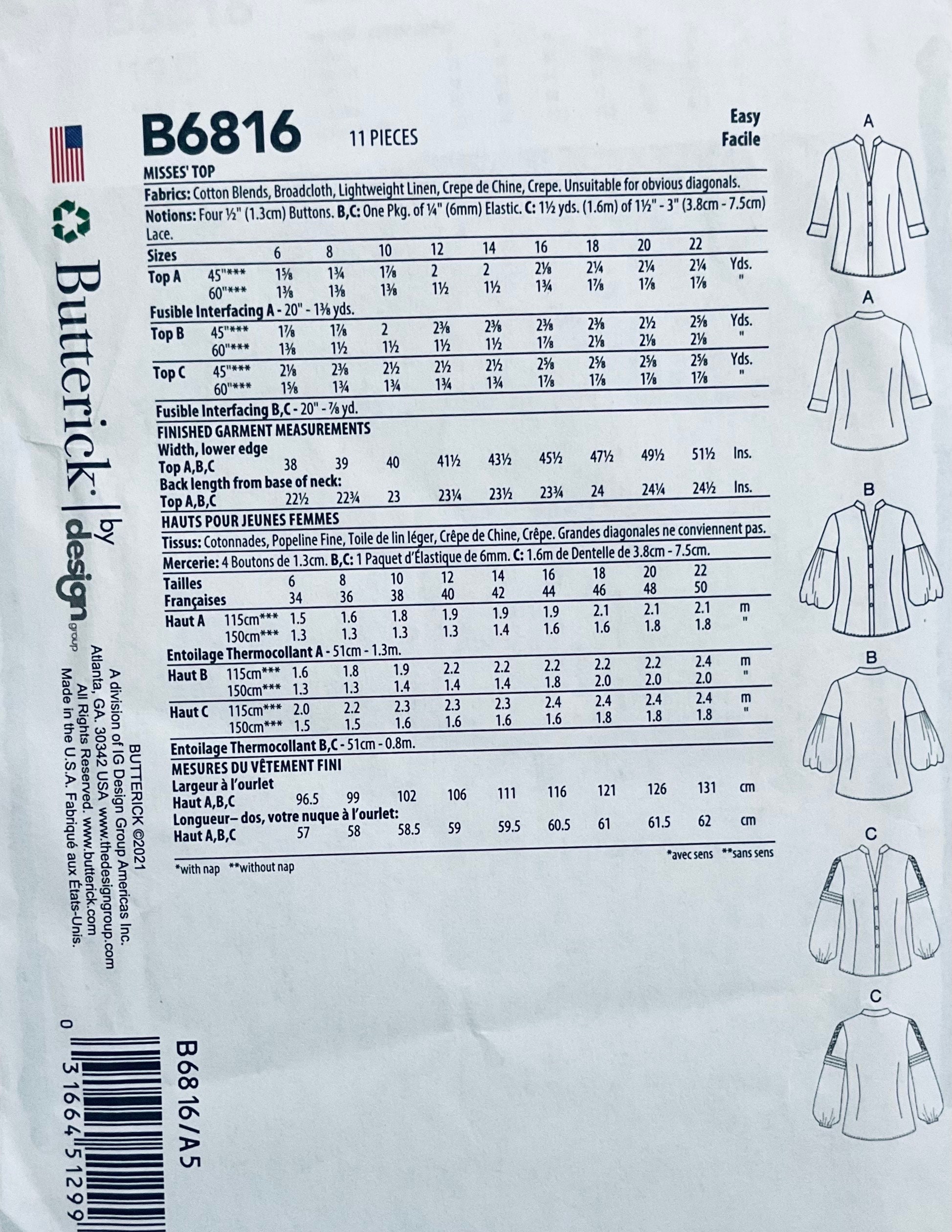 Butterick 6816 Easy Sewing Pattern Misses' Top to Fit Sizes 6 to 14 ...