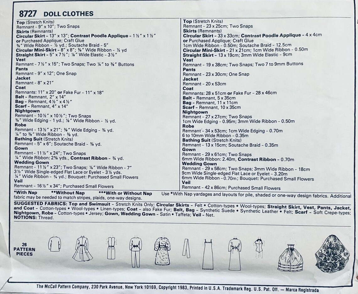 Mccall's 8727 Vintage 1983 Sewing Pattern for Dolls Clothes for Brooke ...