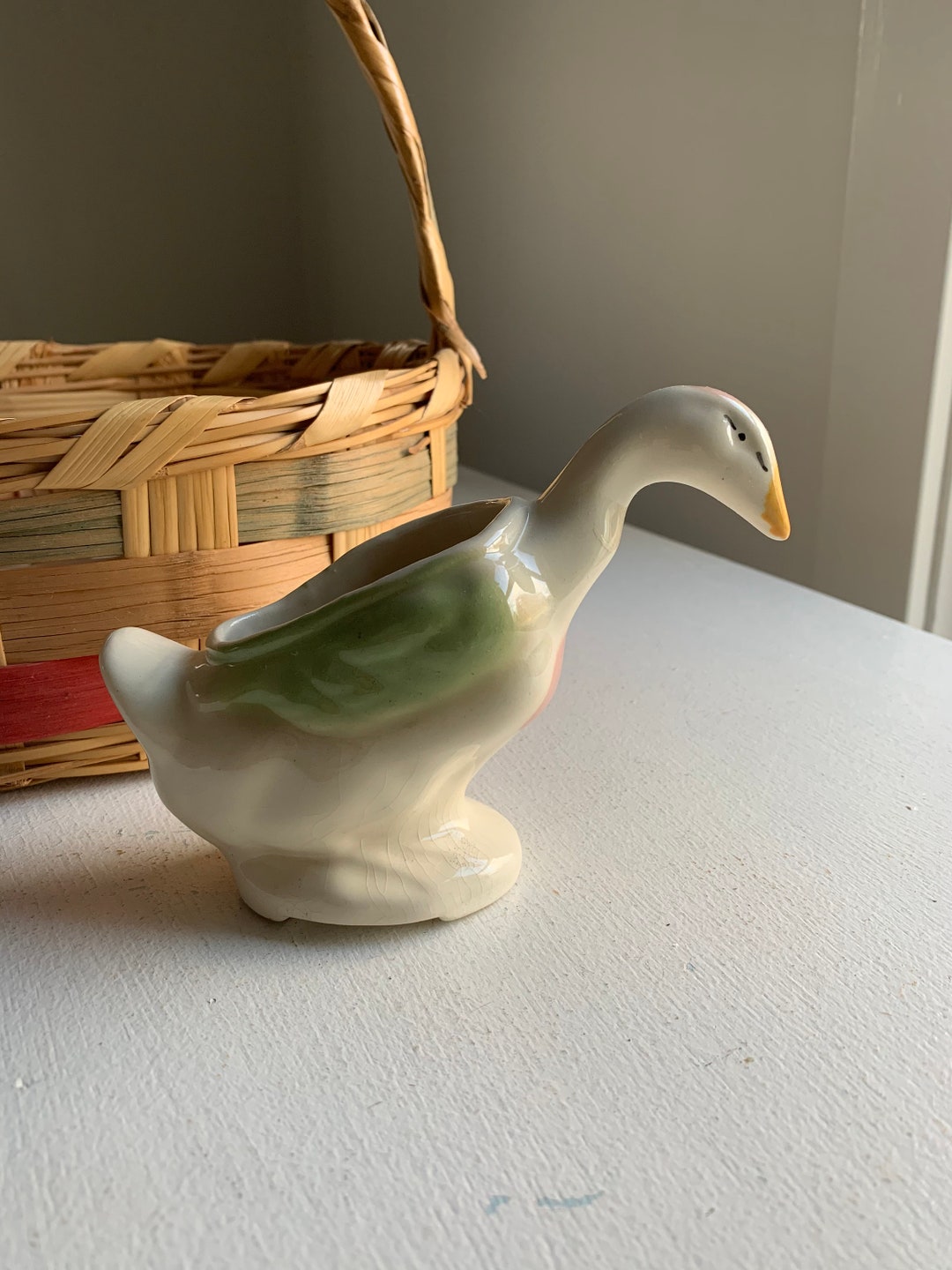 Vintage Pottery Goose Planter / Ceramic Duck Figurine / Cold Paint ...