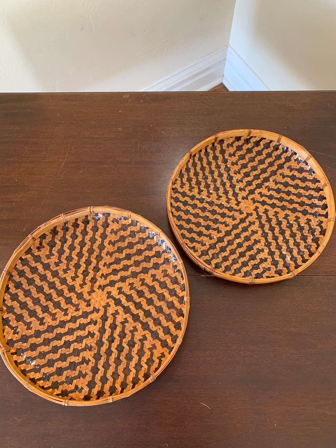 Woven Rattan Shallow Basket Pair / Round Rattan Wall Display / Large ...