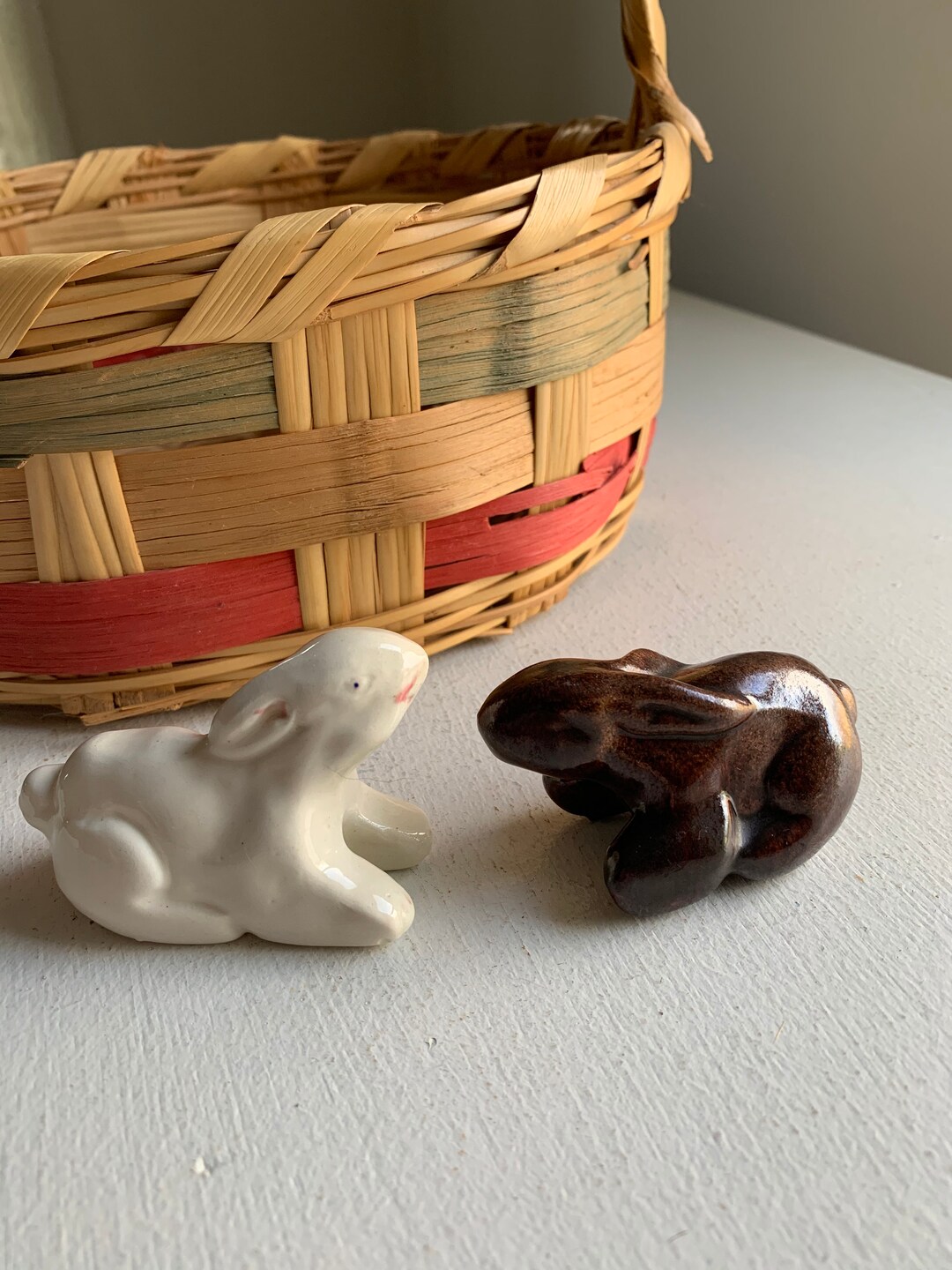 Vintage Primitive Pottery Bunny Figurines / Handmade Ceramic Rabbits ...