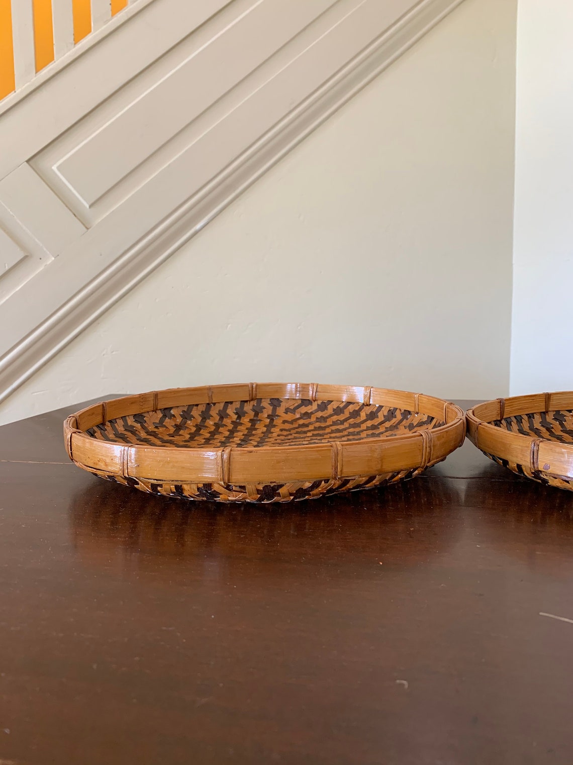 Woven Rattan Shallow Basket Pair / Round Rattan Wall Display / - Etsy