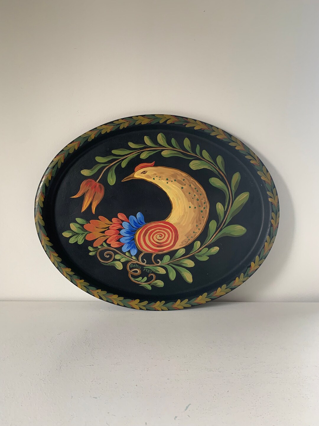 Vintage Black Tole Painted Pennsylvania Dutch Tray / Angry Distelfink ...