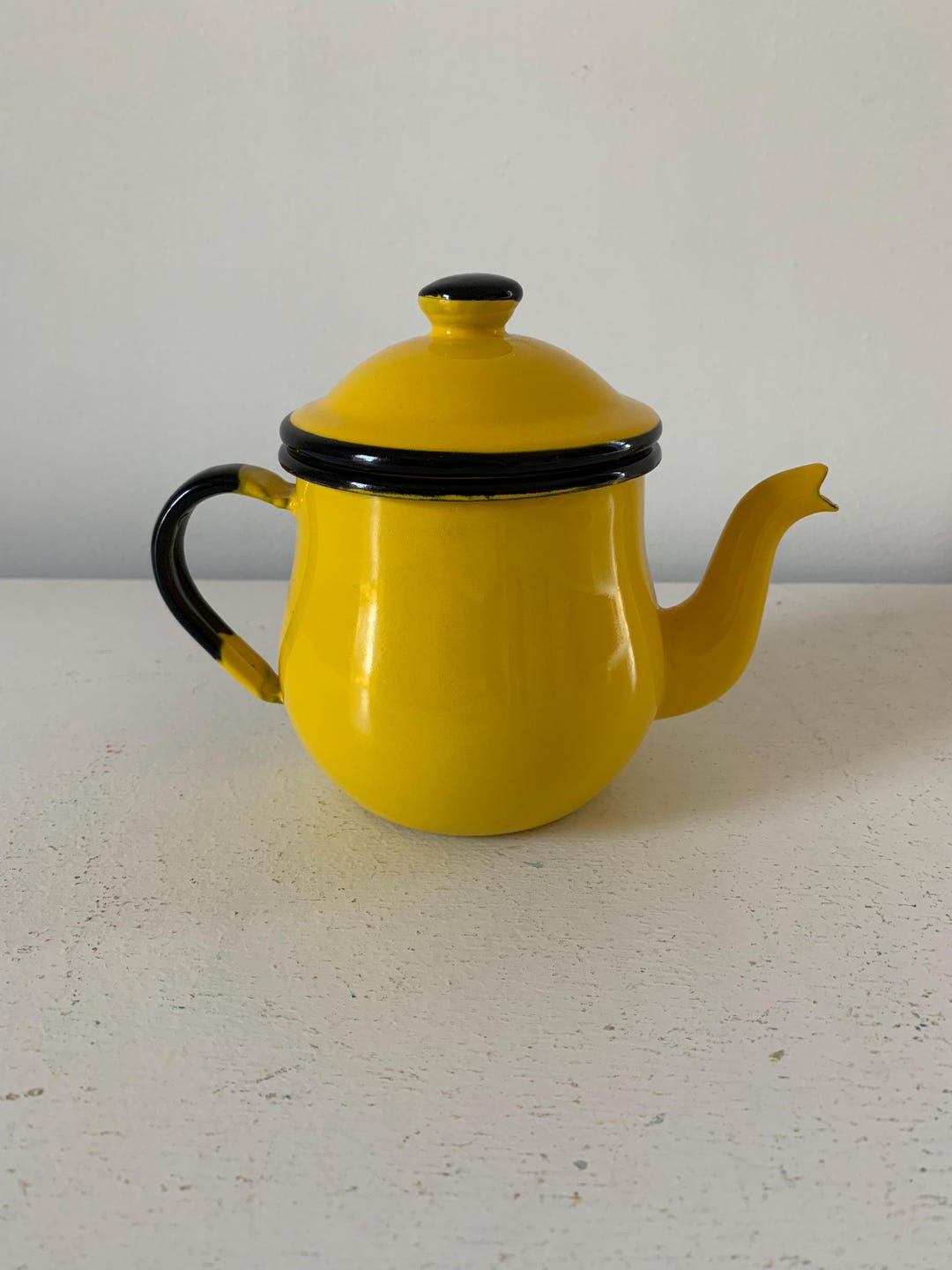 Vintage Asahi Japan Enamelware Tea Pot / Yellow Black Enamel Tea Kettle ...