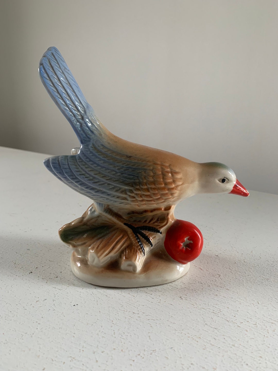 Vintage Ceramic Bird Figurine / 1940s Pottery Mockingbird / Blue ...