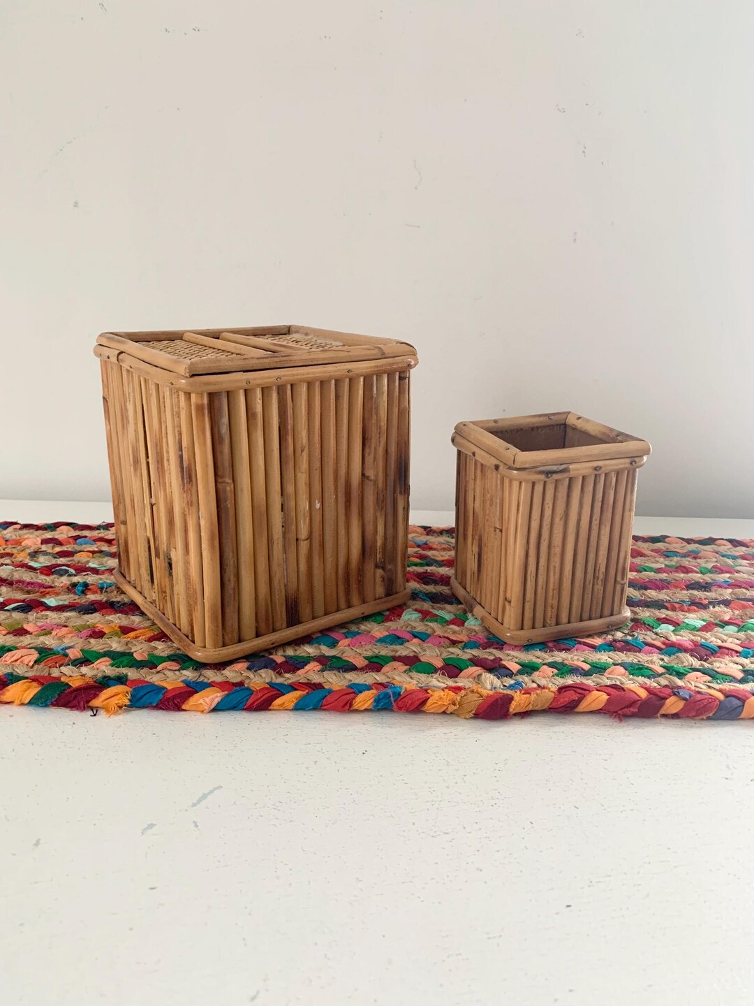 Vintage Bamboo Tissue Box Cover and Makeup Caddie / Tortise Shell ...