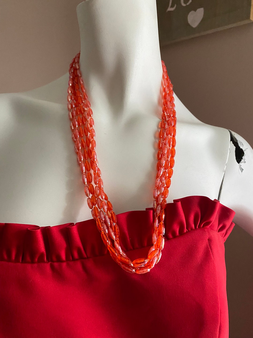 Red Beaded Necklace, Vintage Necklace, Red Necklace, Gift for Her ...