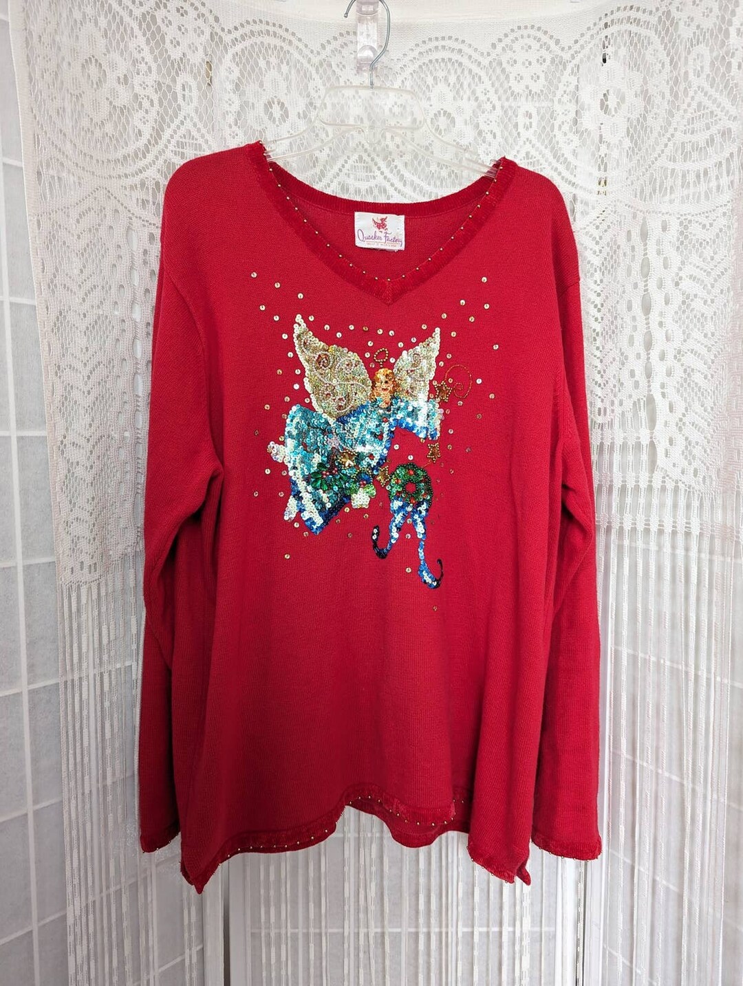 Quacker Factory 90s Red Sequin Angel Christmas Sweater Holiday Festive ...