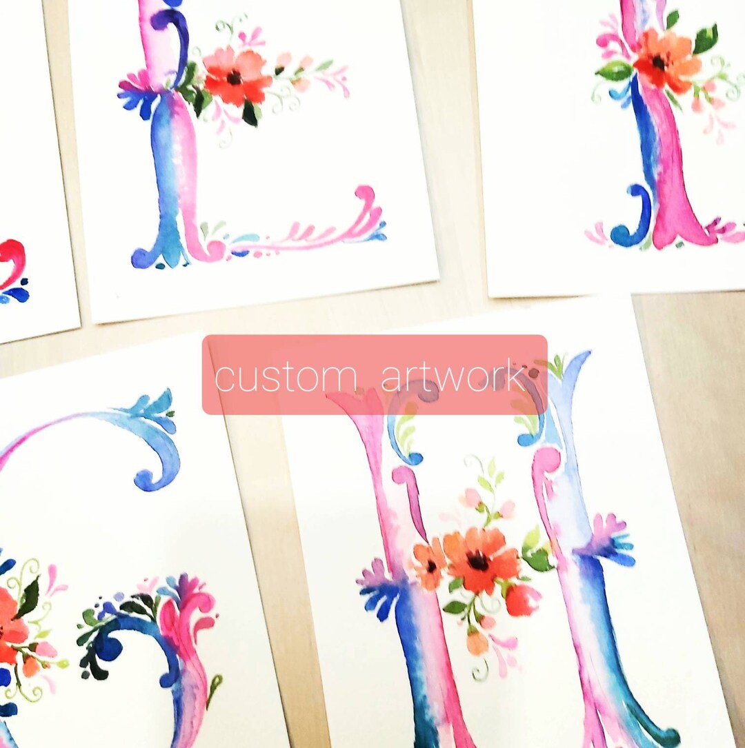 Custom, Original Hand Painted, Watercolor Floral, Custom Alphabet ...