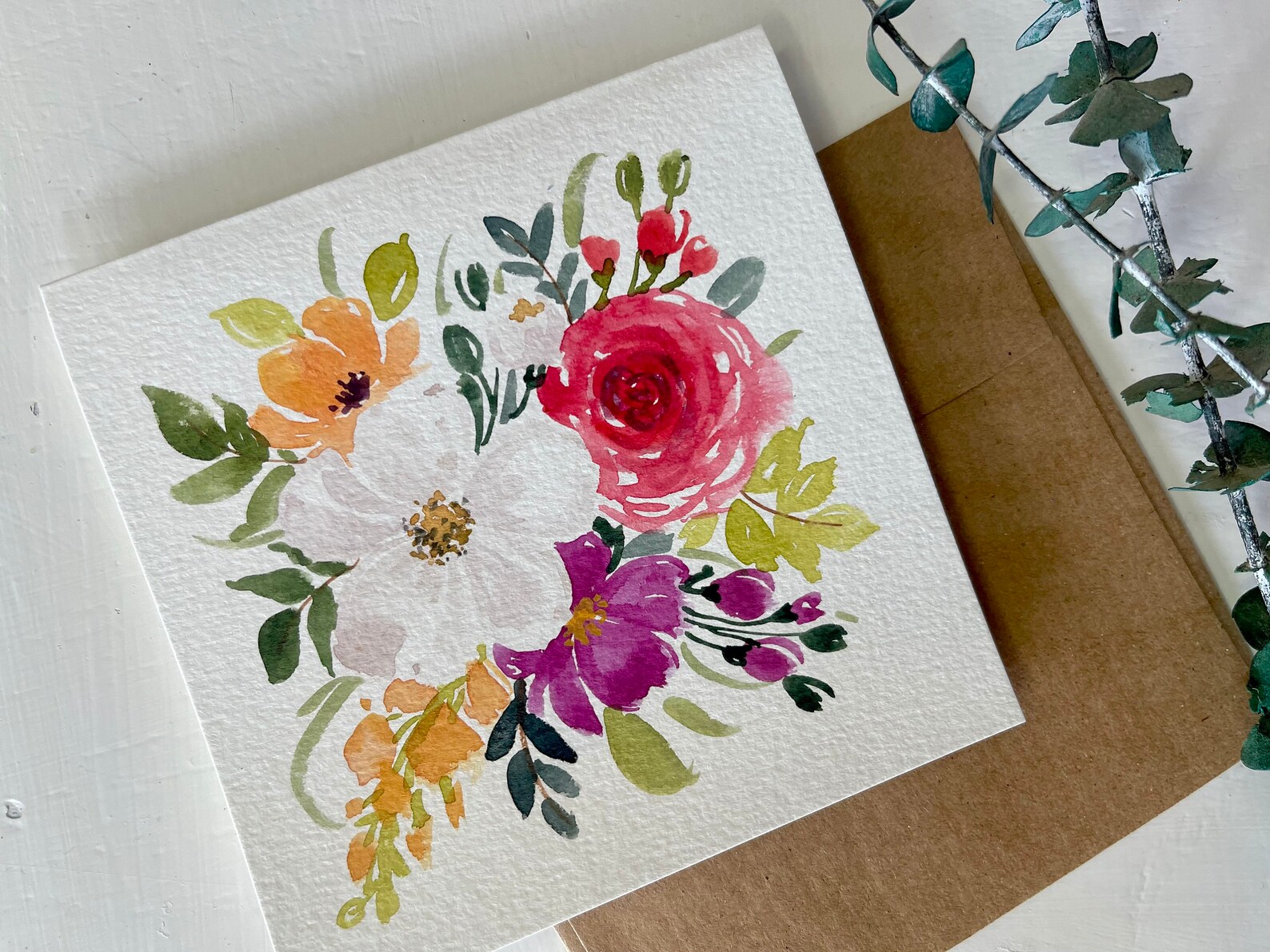 Original Hand Painted , Square, Watercolor, Floral, Birthday , Thank ...