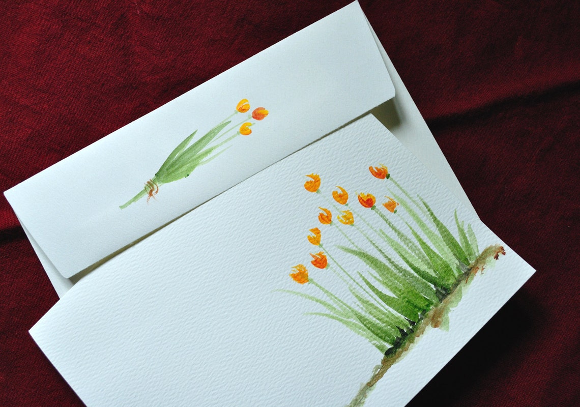 Set of 3 Original Hand painted Blank greeting card Orange | Etsy