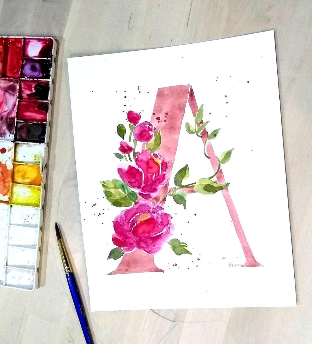 Custom, Original Hand Painted, Watercolor, Pink, Custom Alphabet Letter ...
