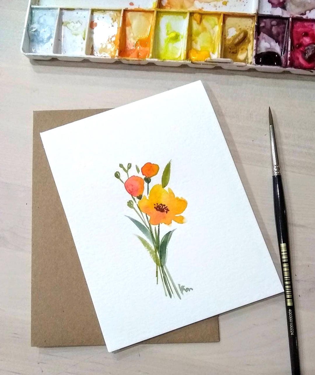 Set of 3_original Hand Painted Watercolor Floral, Yellow Flower Blank ...